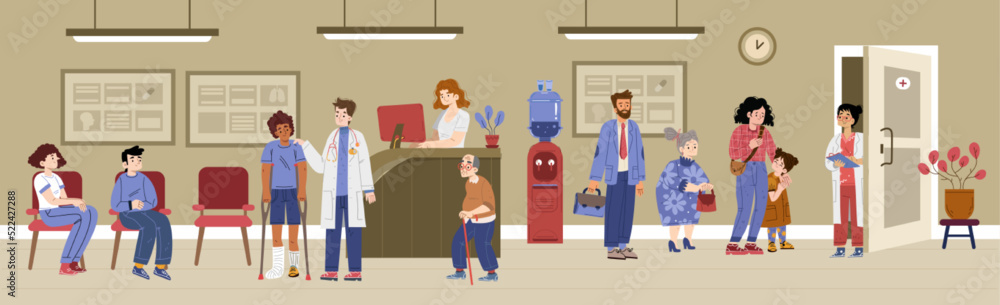 Hospital hall with people waiting in queue, doctors, reception desk and ...