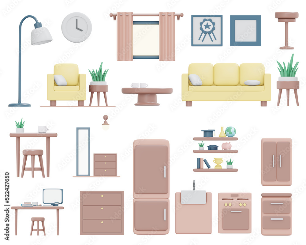3D rendering elevation of house furniture icon for living room kitchen ...