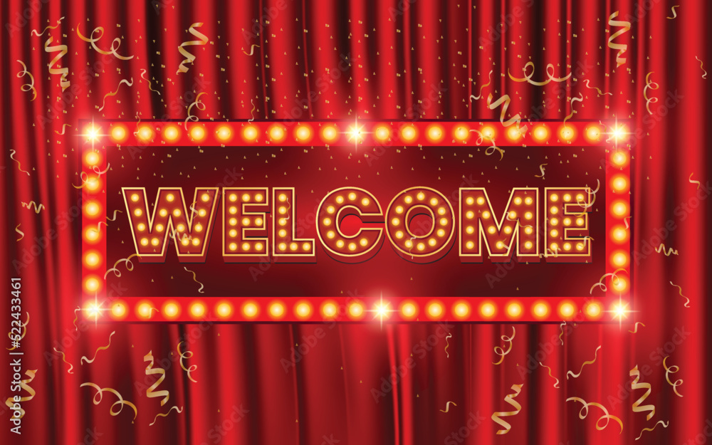Welcome banner. Welcome neon retro 3d classic banner on red curtains ...