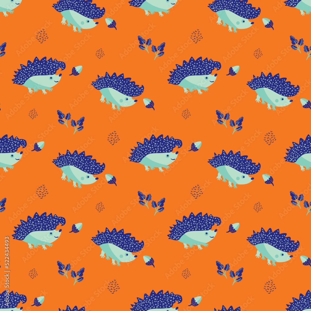 Cute vector spiky, prickly, hedgehog, acorn and oak leaves background ...