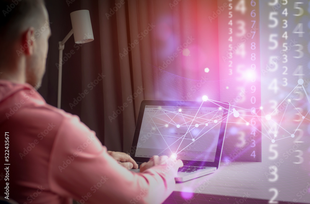 Big data technology background. Using a laptop against the background ...