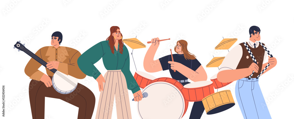 Music band with woman singer vocalist and men musicians performance ...