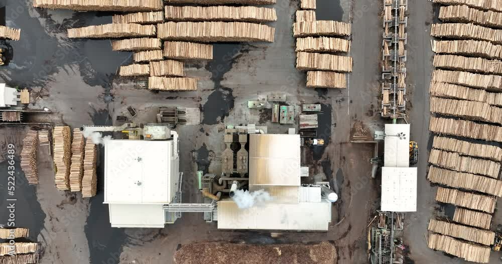 Vidéo Stock Sawmill Aerial View. Chopped Pine Tree Wood Logs Stacks in ...