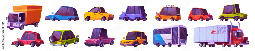 Cartoon cars set, modern automobiles, bus, freight truck, lorry ...