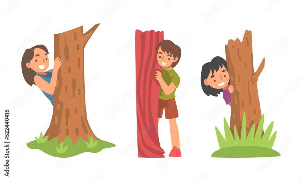 Kids playing hide and seek set. Cute children hiding behind trees in park cartoon vector ...