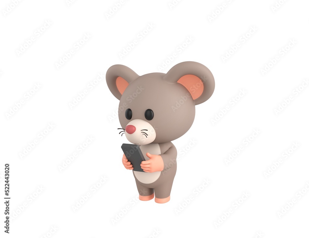 Little Rat character types text message on cell phone in 3d rendering ...