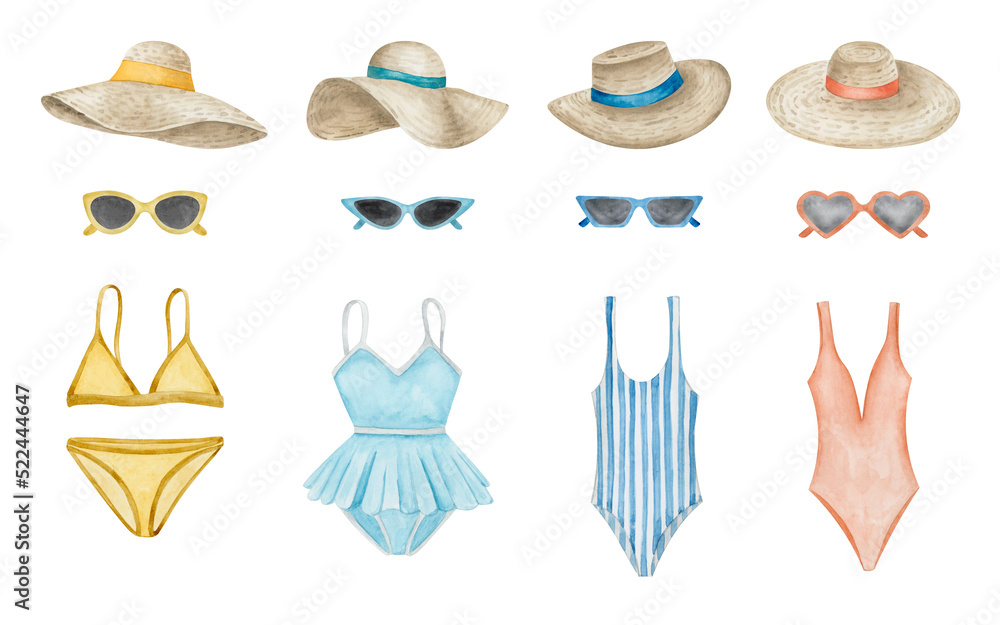 Vintage beach set of clothes watercolor hand drawn illustration ...