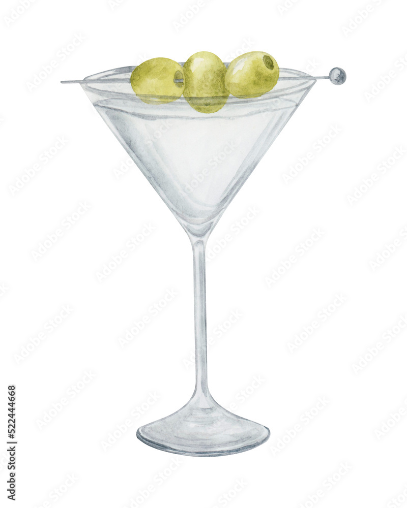Martini cocktail watercolor hand drawn illustration. Drink clipart on white background. Stock ...