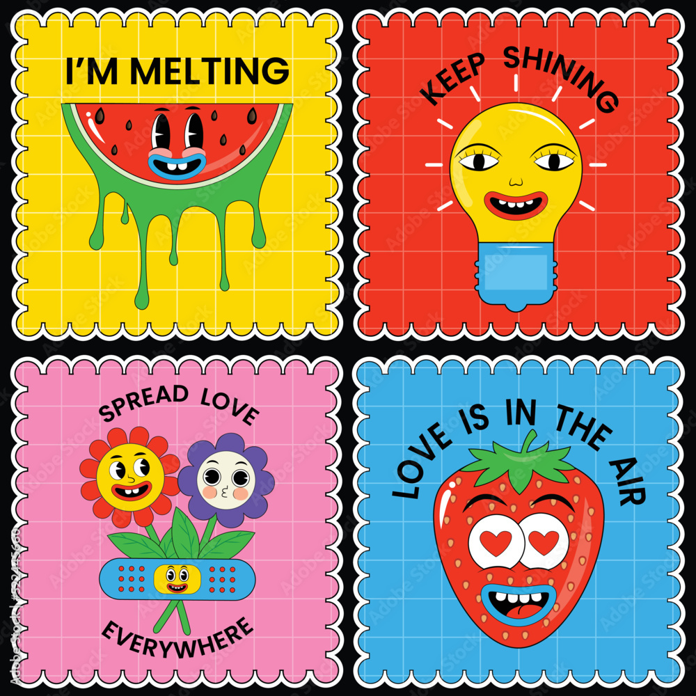 Hand drawn abstract funny cute comic characters sticker pack. Trendy ...