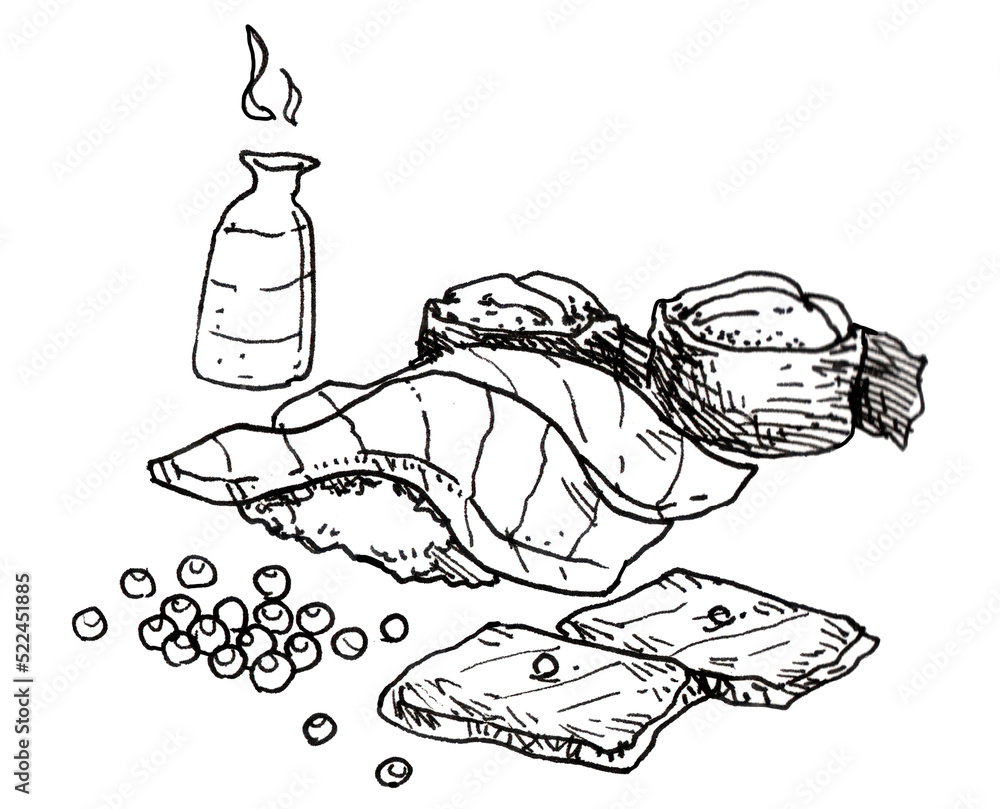 Hand drawing illustration Salmon Nigiri sashimi with uni maki ikura roe ...