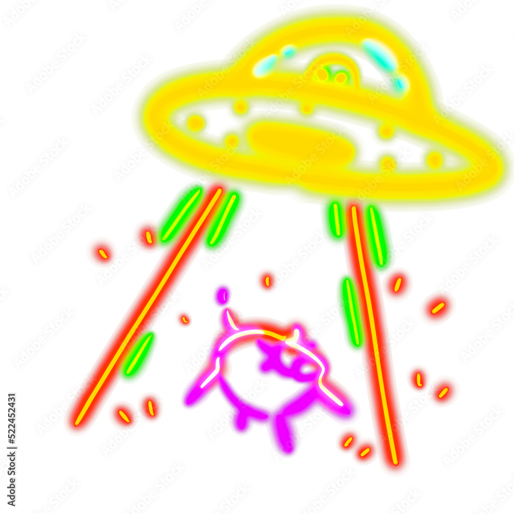 Alien and UFO abducting cow neon light art fun cartoon drawing ...
