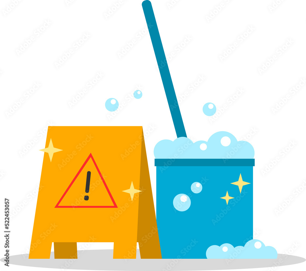 Yellow cleaning warning sign with mop in blue bucket bubble png icon ...