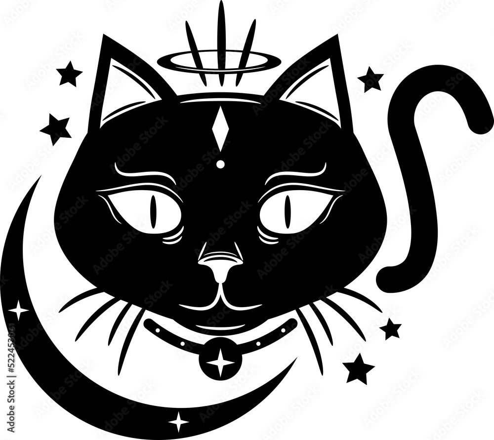 Black demon face cat with tail snake and stars boho tattoo icon png ...