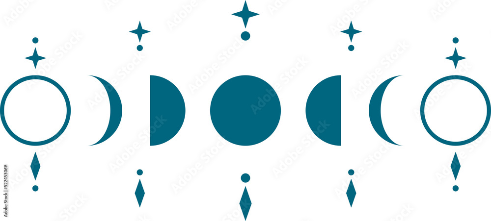 Blue moon different phases of lunar phases with stars boho flat vector ...