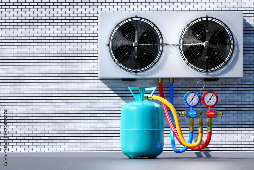 Conditioner machine. Gas cylinders and brick wall. Conditioner machine ...