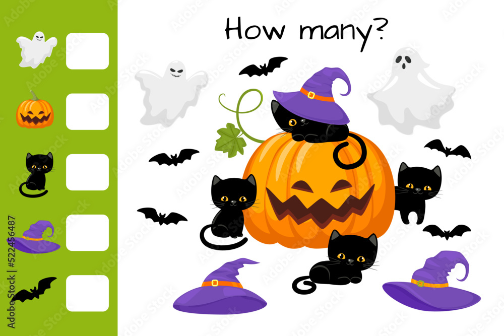 Counting game, count halloween party and write result. Kids educational ...
