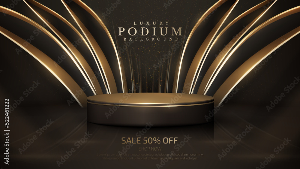 Product display podium with golden curve line decoration and glitter ...
