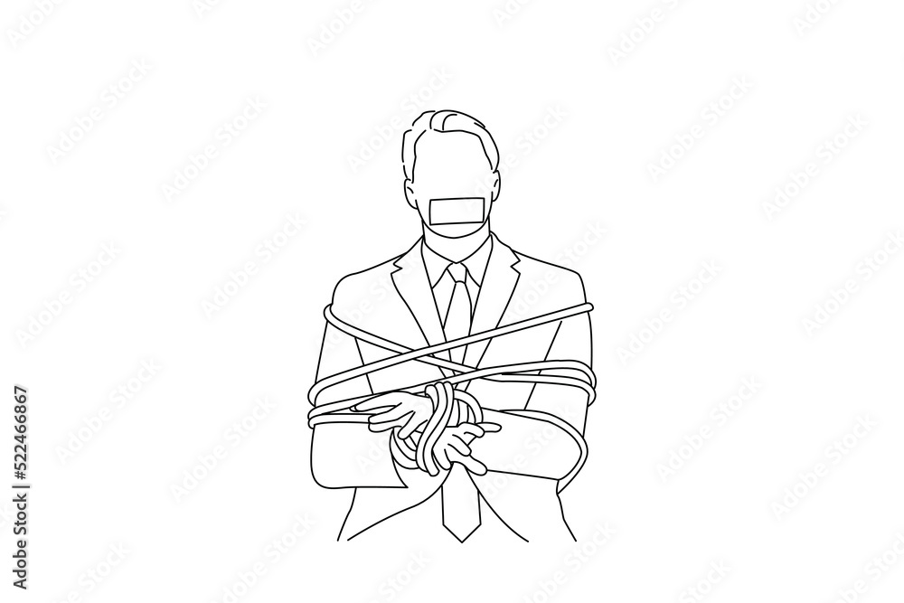 Cartoon of businessman taken hostage and tied up with rope. Single ...
