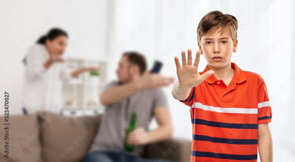 emotional abuse, family issue and violence concept - boy in red polo t ...