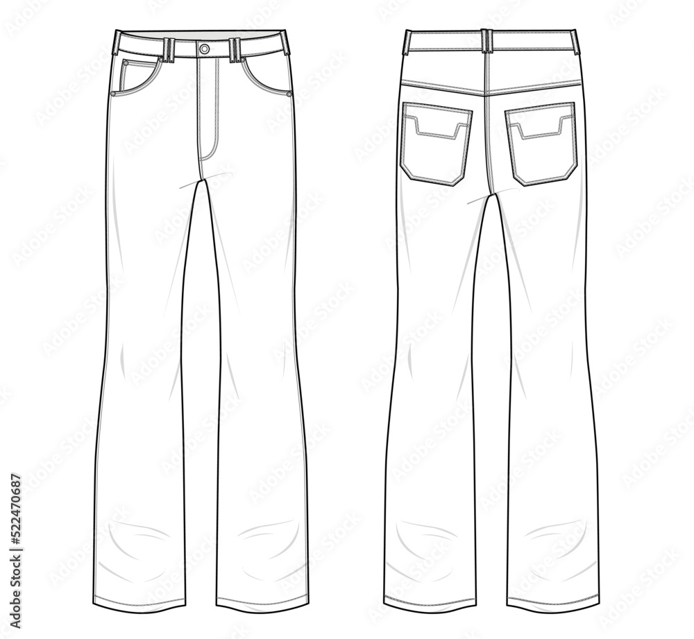 womens boot cut jeans flat sketch vector illustration front and back ...
