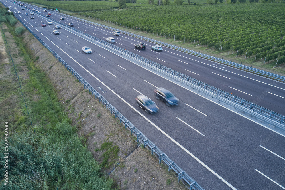Cars in blur fast motion on freeway top view diagonal. Motion blur cars ...