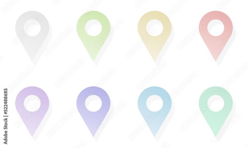 Map pin icons with shadow on white background. Pastel color location ...