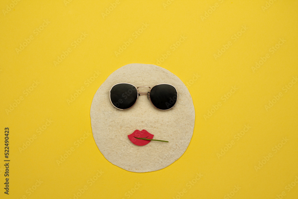 Sun glasses and red lips on tortilla. National taco day concept. Street ...