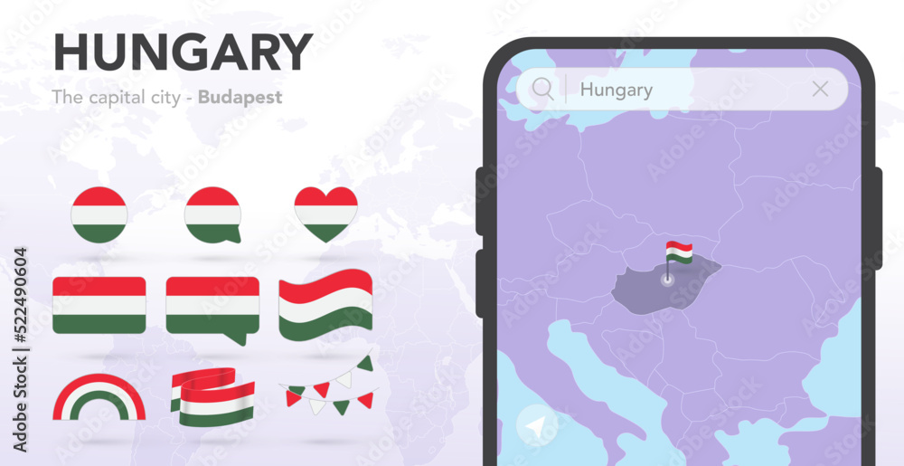 Hungary flags set. Mobile map application, Smartphone search. Map and ...