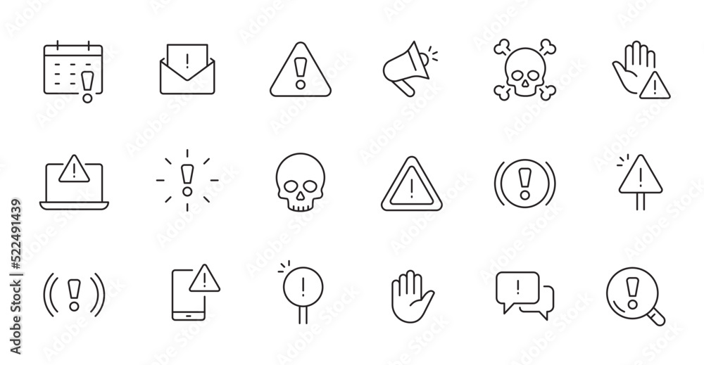 Alert, risk sign line icon set. Caution, warning, exclamation mark thin ...