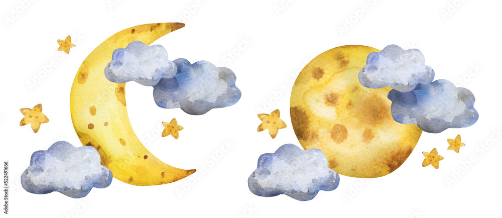 Cute boho cartoon watercolor nursery childish moon cloud star set hand ...