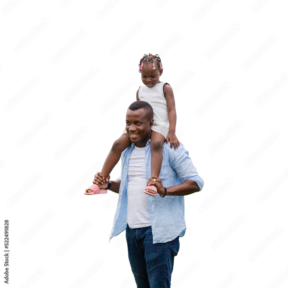 Foto de Father carrying daughter on shoulders, Cheerful African American girl on the shoulders ...
