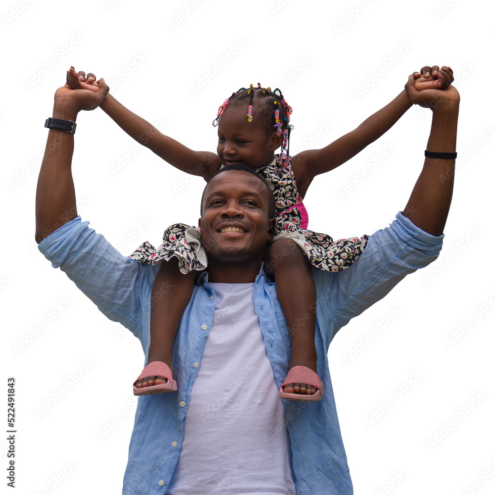 Father carrying daughter on shoulders at beach, Cheerful African American girl on the shoulders ...