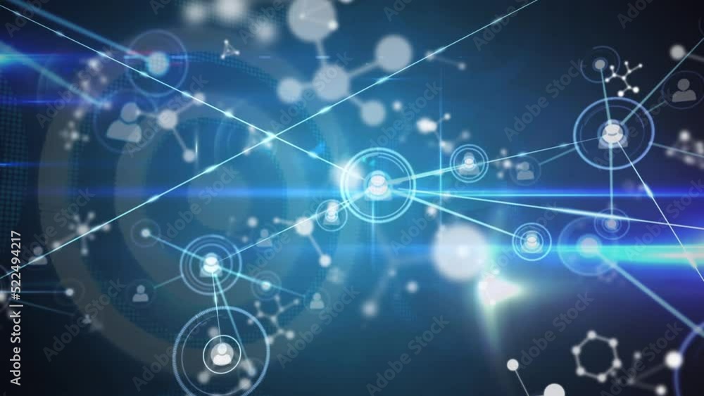 Animation of network of connections with people icons over blue ...