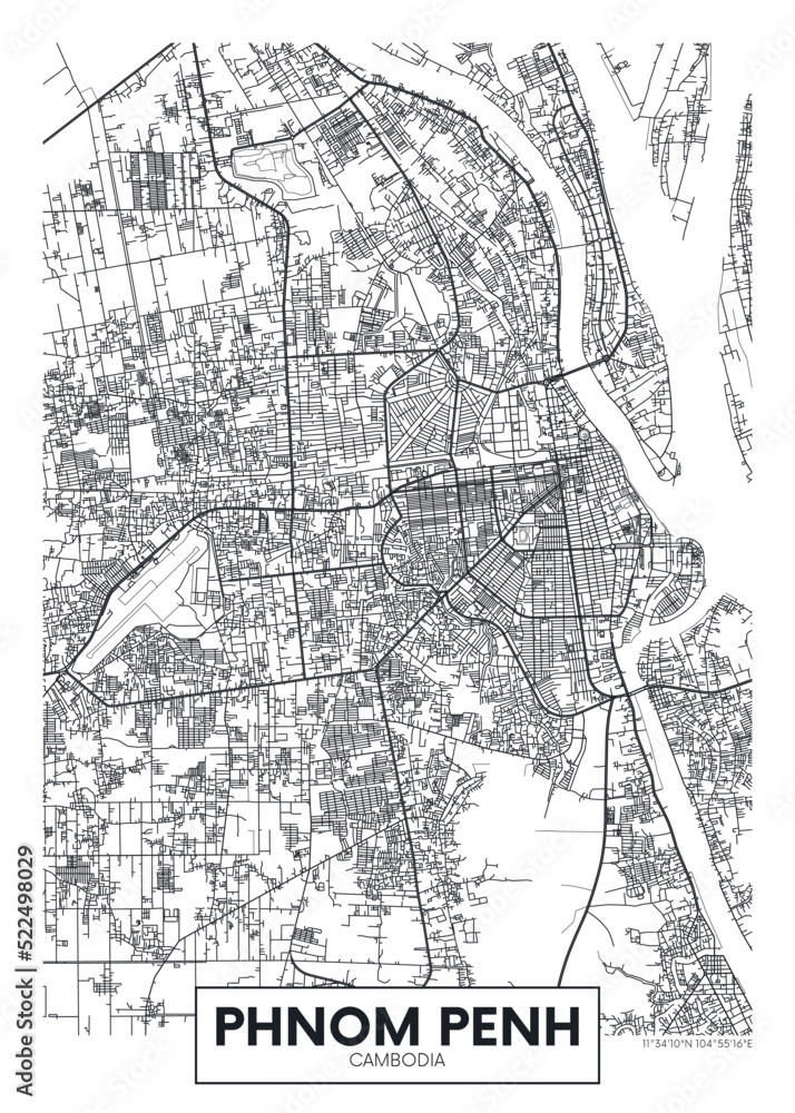 City map Phnom Penh, urban planning travel vector poster design Stock ...