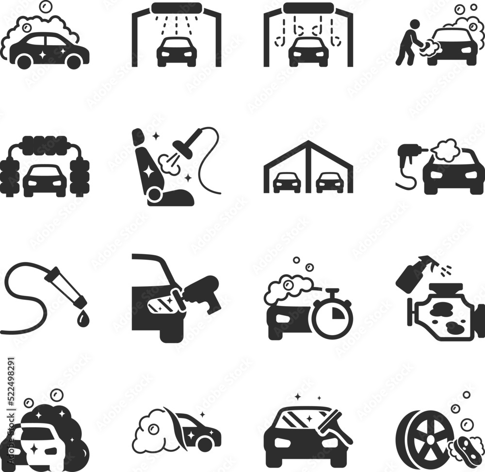 Car Wash icons set. Washing, drying, polishing car parts. Automatic and ...