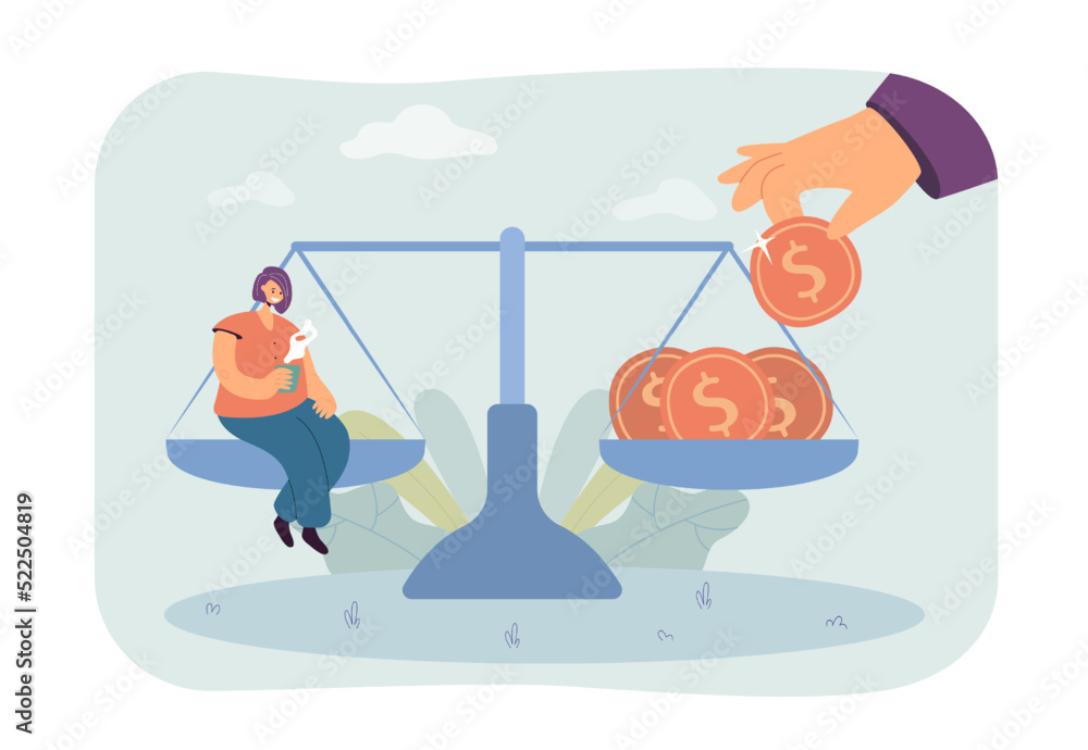 Huge hand putting gold coin on scales with tiny woman. Balance between ...