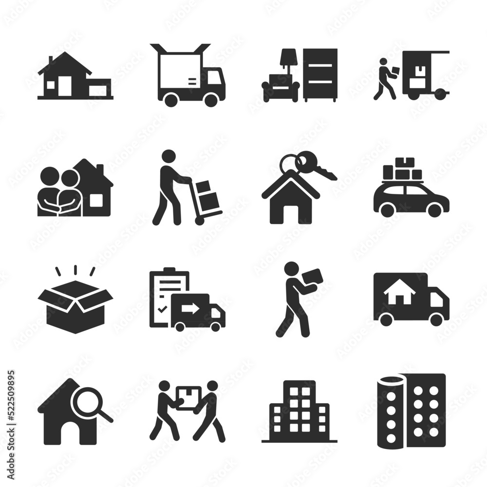 Moving, relocation icons set. Leaving home for another place to live ...