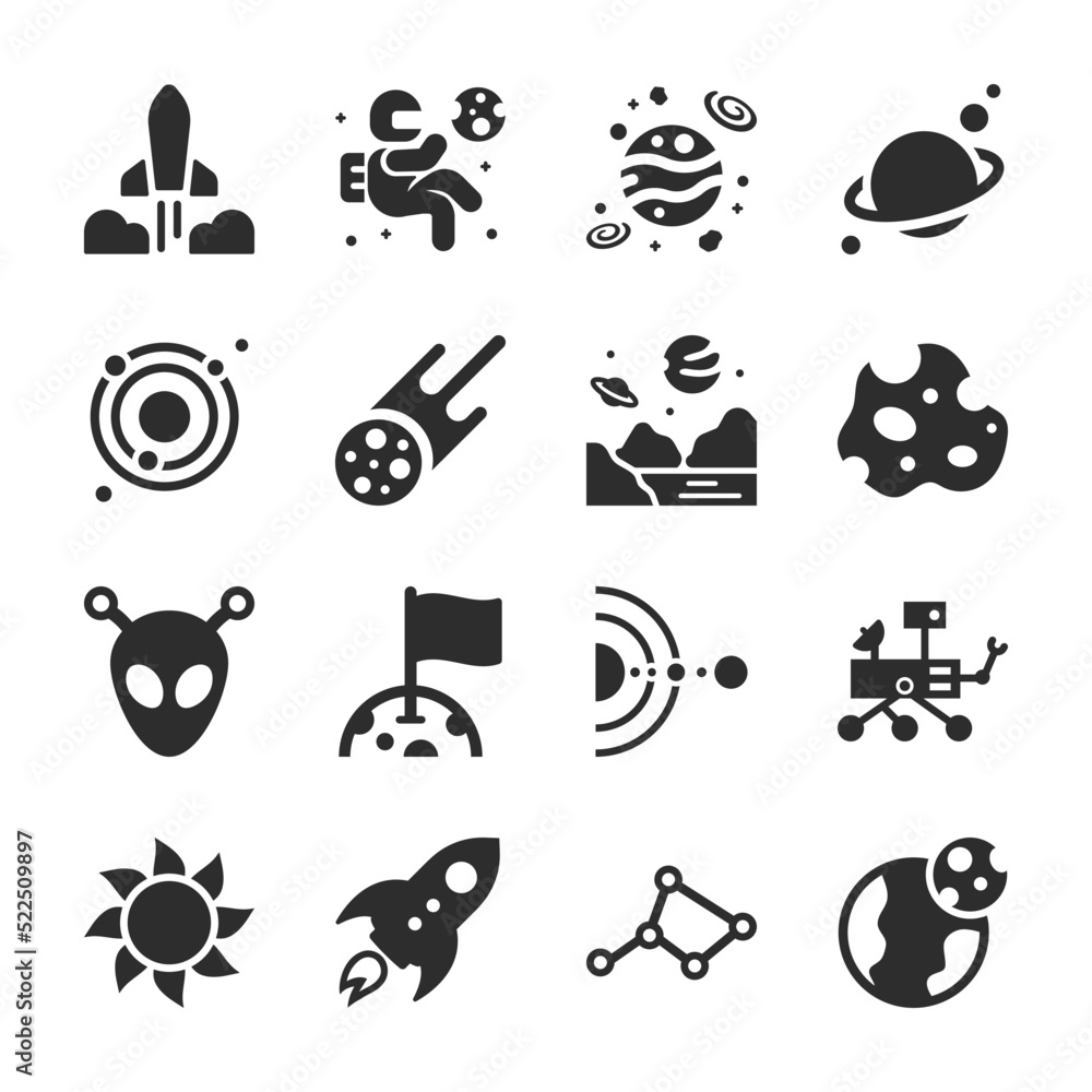 Space icons set. Outer space, bodies, planets. Solar system and galaxy ...