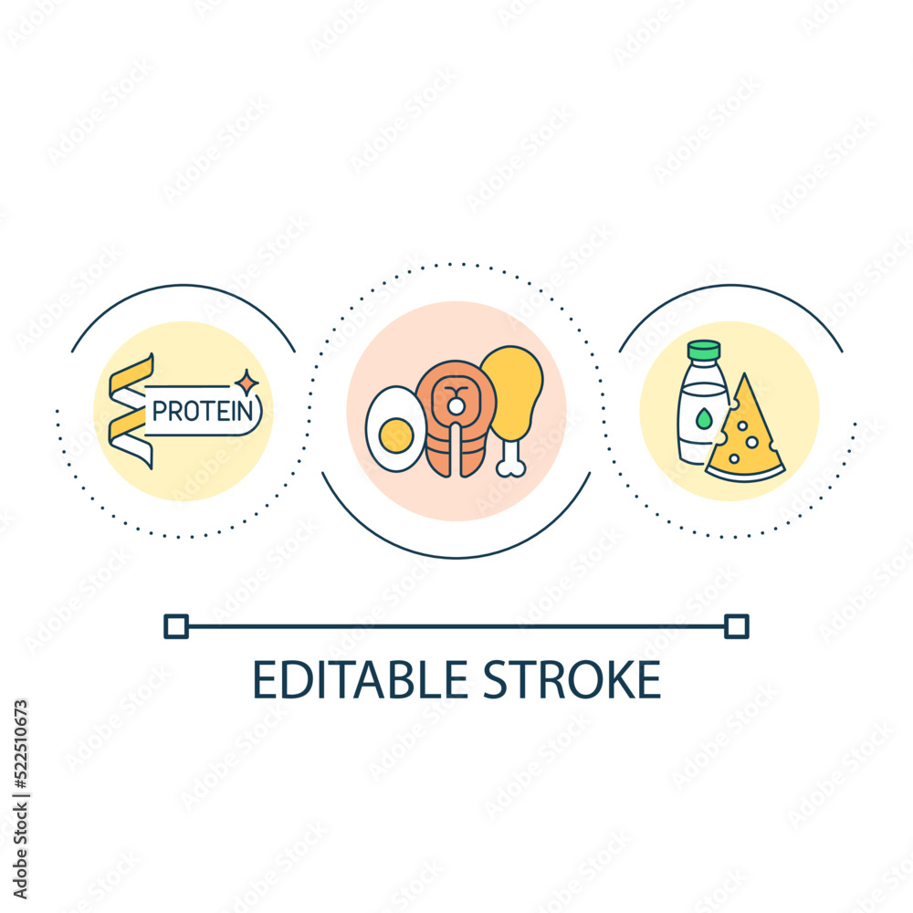 High protein foods loop concept icon. Eating dairy products and meat ...