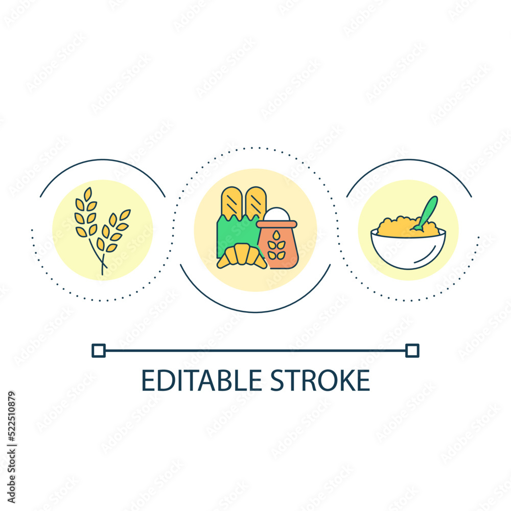 Whole grain rich foods loop concept icon. Wheat based products abstract ...