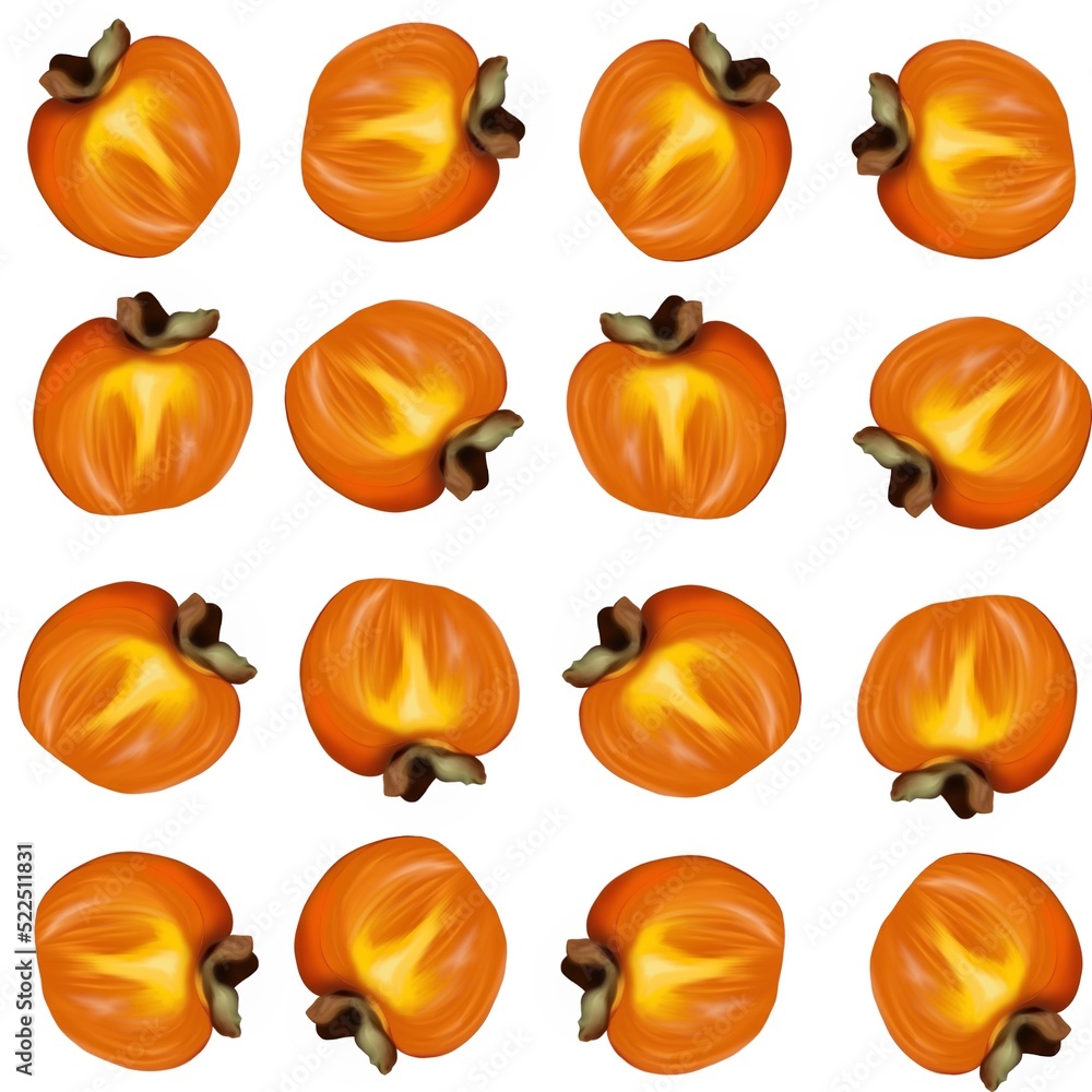 Persimmon botanical illustration of whole and cut fruits. Persimmon ...