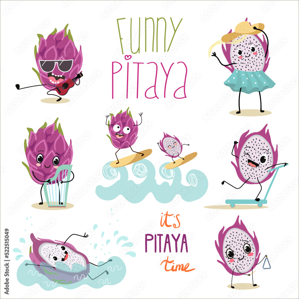 Vector illustration of pitaya fruit, cute funny funny characters with ...