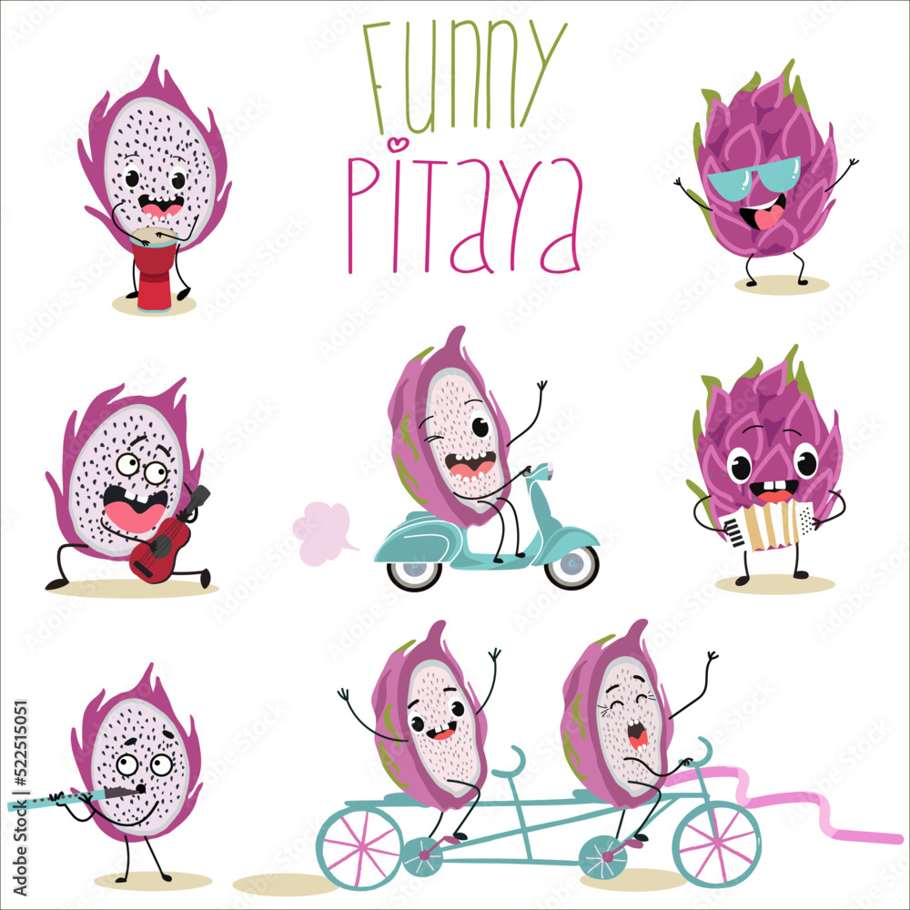 Vector illustration of pitaya fruit, cute funny funny characters with ...