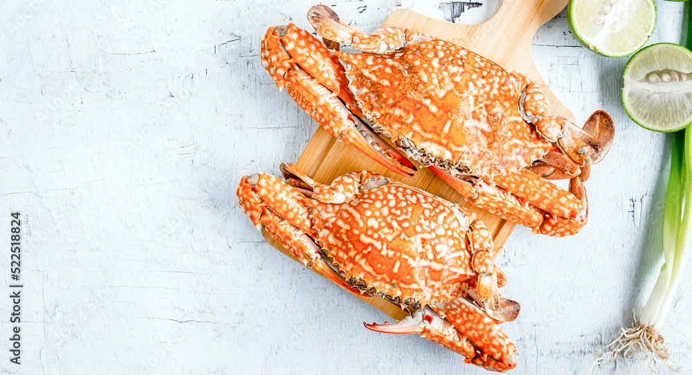 Top view of Cooked crab or blue crab menu Seafood steamed crab on a ...