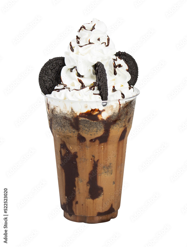 Oreo milk smoothie with cream in plastic cup. Healthy drink to refresh ...