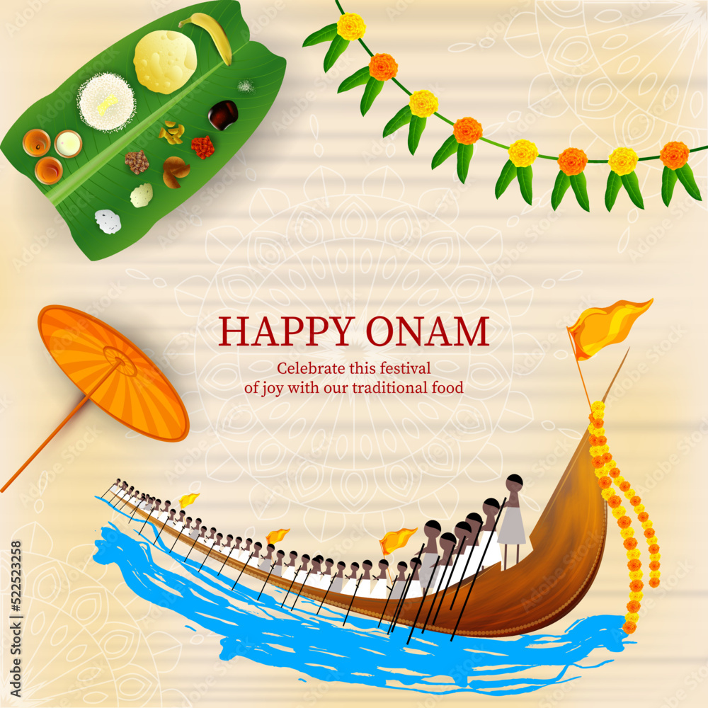 Creative vector illustration of Happy Onam celebration with snake boat ...