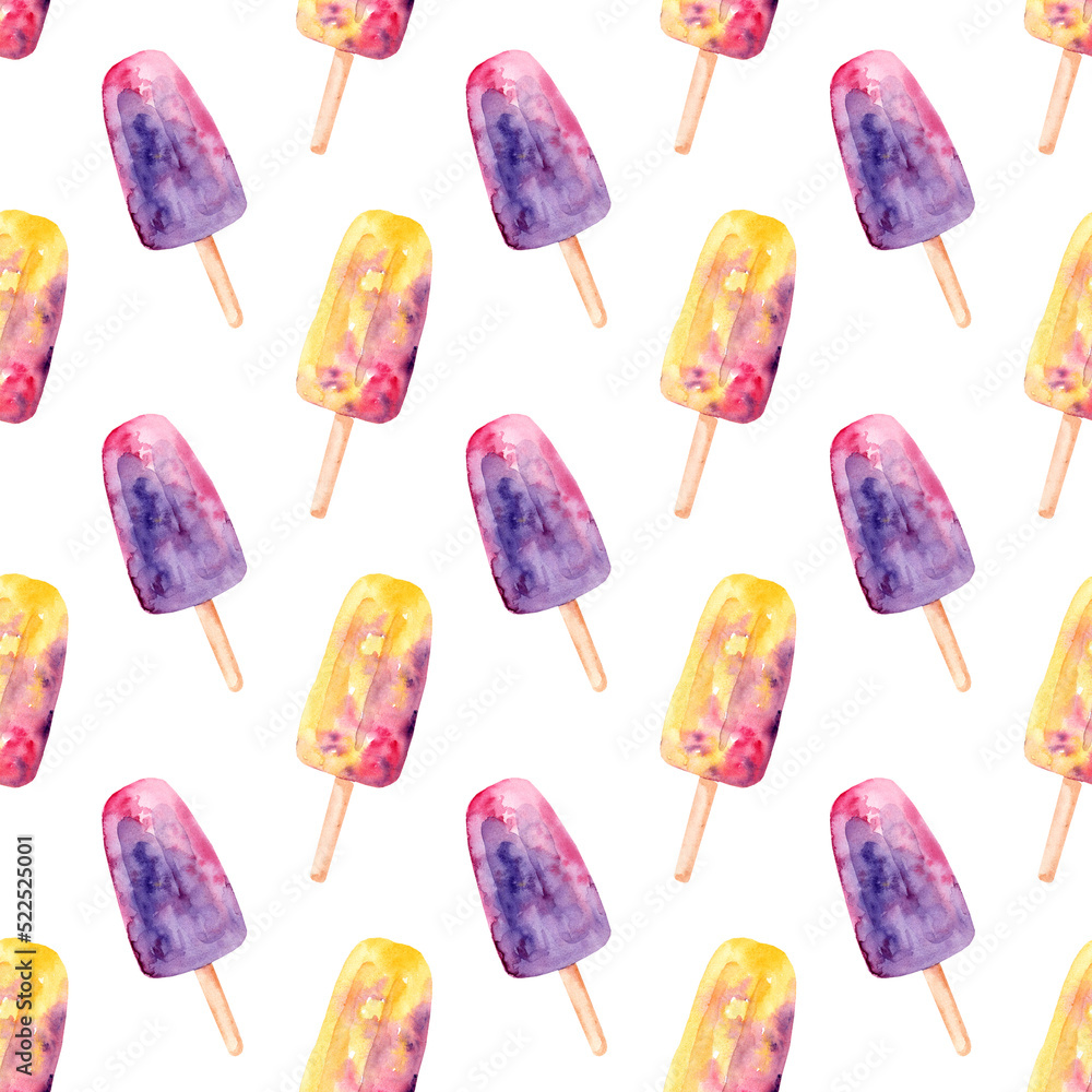 Seamless pattern with watercolor popsicles on a stick. Hand painted ...