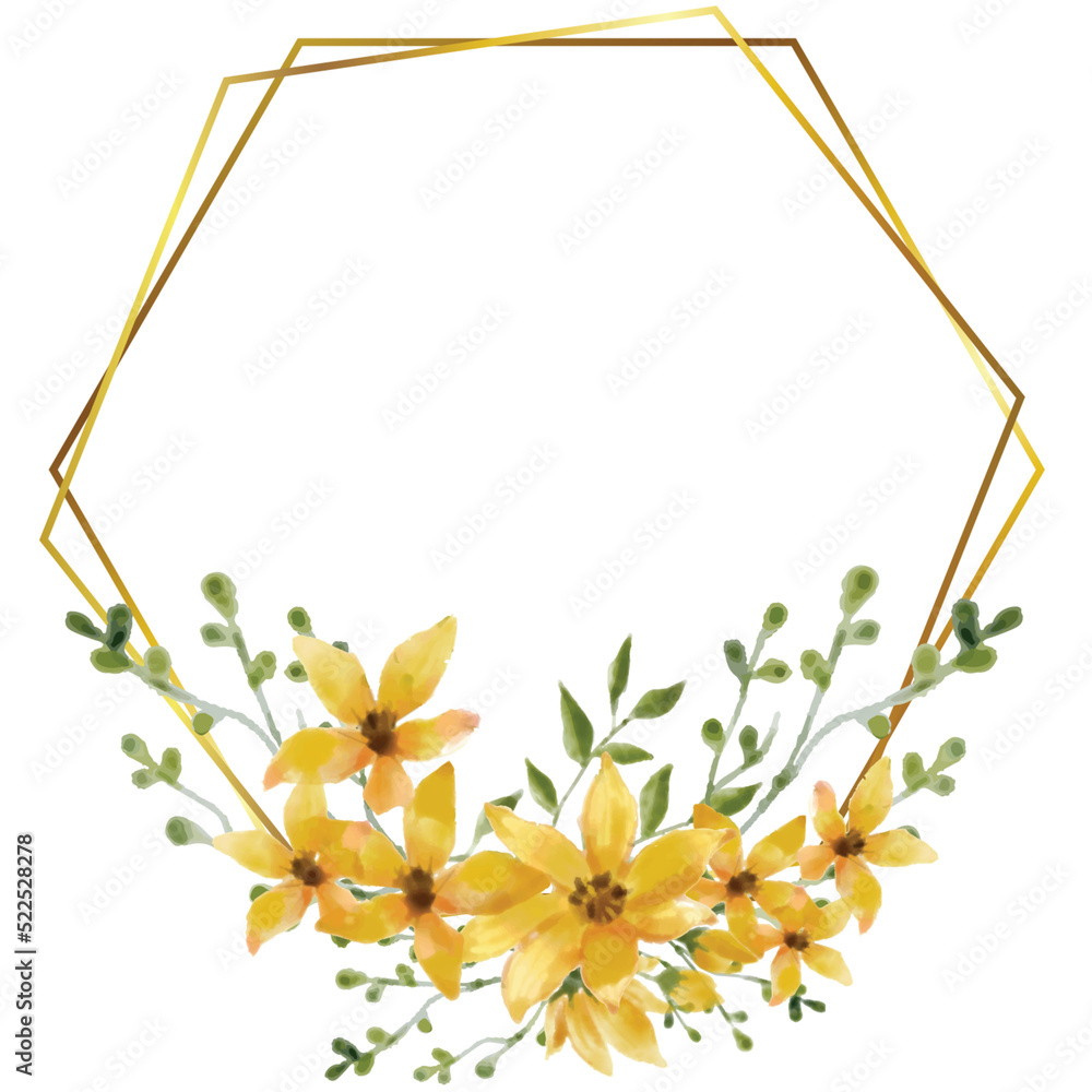 hexagon Gold yellow border frame with yellow flowers blossom and little ...
