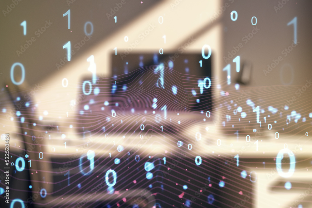 Creative abstract binary code hologram and modern desktop with pc on background, AI and machine ...