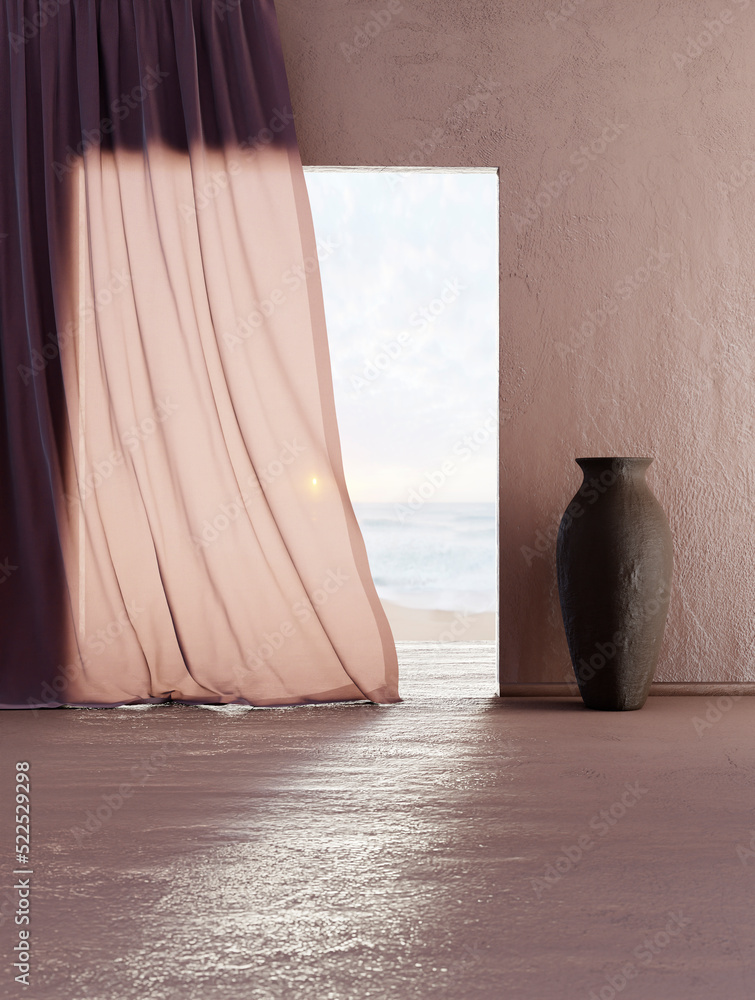 Empty room in luxury summer beach house with sea view behind curtains ...
